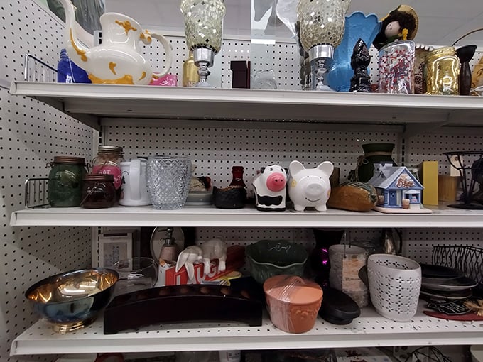 Ceramic menageries and glass treasures await adoption – that cow creamer could become your breakfast table's conversation piece.