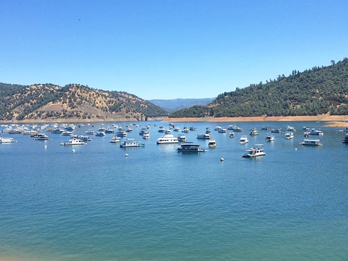 A flotilla of houseboats creates a temporary floating neighborhood where everyone's backyard is 15,500 acres of blue.