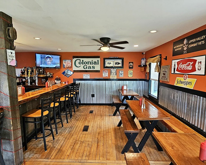 Another angle of the dining room reveals a "Wall of Flame" chalkboard&mdash;where beer selections flow as freely as BBQ wisdom.