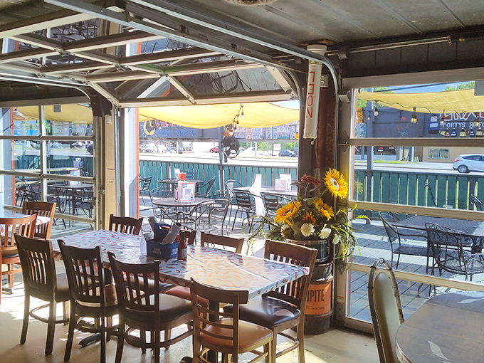 Garage doors that open to connect indoor and outdoor spaces&mdash;because good food deserves good air flow and sunshine when available.