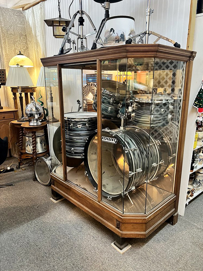 A drum kit frozen in time, displayed like the rock star it once was. Someone's garage band dreams, now a conversation piece behind glass. 