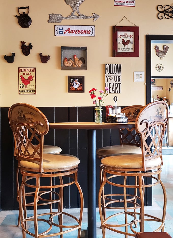 Rooster-themed d&eacute;cor isn't just decoration &ndash; it's a lifestyle statement. These bar stools have heard all the town's best stories.