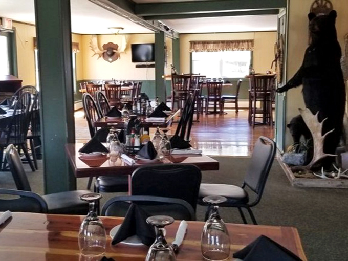 The mounted wildlife watching over diners seems to approve of the restaurant's rustic charm and hearty portions.