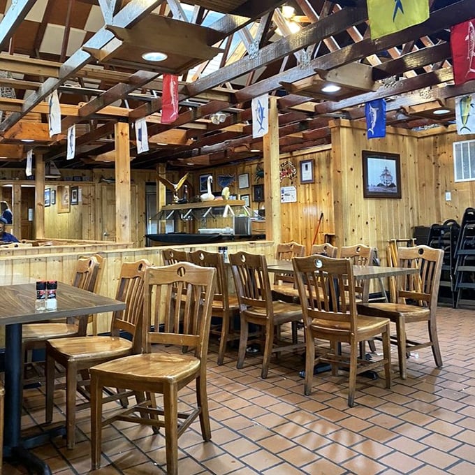 Colorful fish artwork dangles from wooden beams, reminding you that at Mike's, you're never far from the source of your dinner.