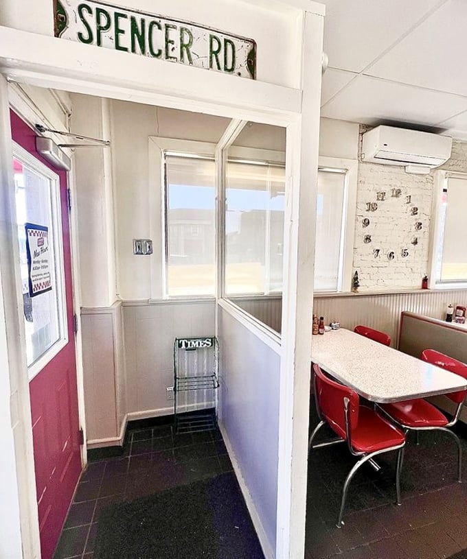 The entrance tells a story of its own, with vintage signage and classic diner elements that transport you to a simpler time in American dining.
