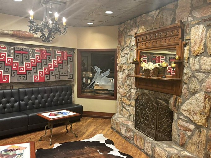 Stone walls, leather seating, and western charm create the perfect backdrop for important decisions—like "medium-rare or rare?"