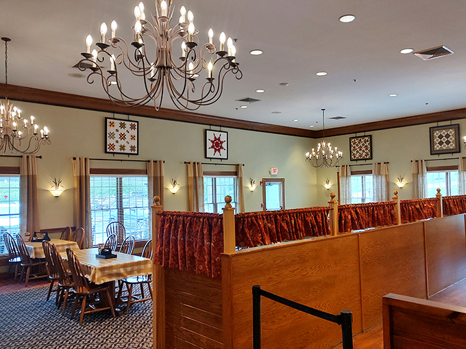 Wood paneling, quilts, and chandeliers create that perfect balance of homey and special occasion. Fancy without the fuss.