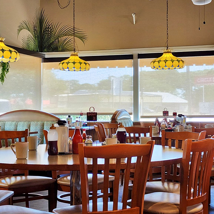 Tiffany-style pendant lamps cast a warm glow over wooden tables. Dino's mastered the art of making a restaurant feel like coming home.