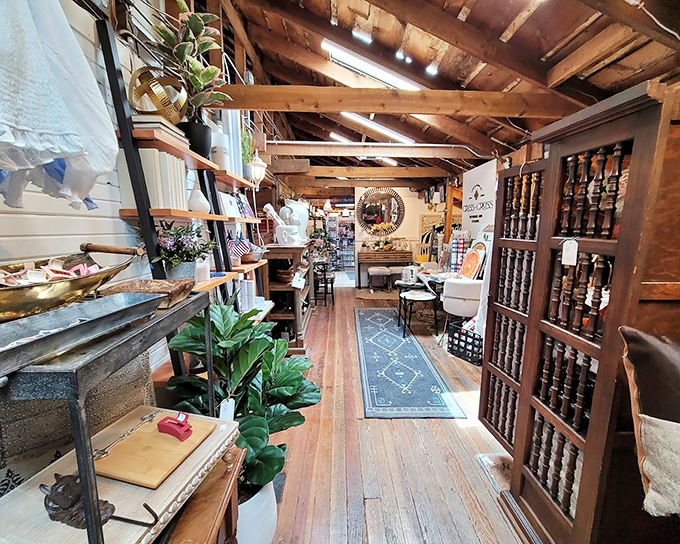 Wooden beams and polished floors create pathways through The Barn's labyrinth of treasures&mdash;each turn promising new discoveries.