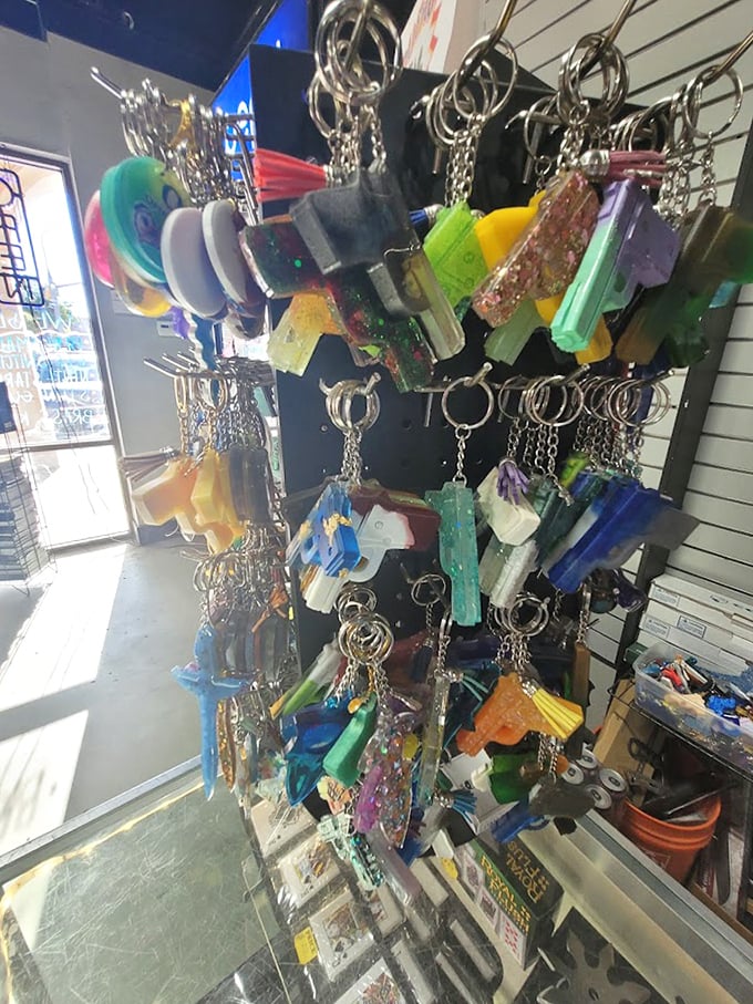Colorful keychains and trinkets that transform "I forgot a souvenir" into "I found the perfect memento" in under five minutes flat.
