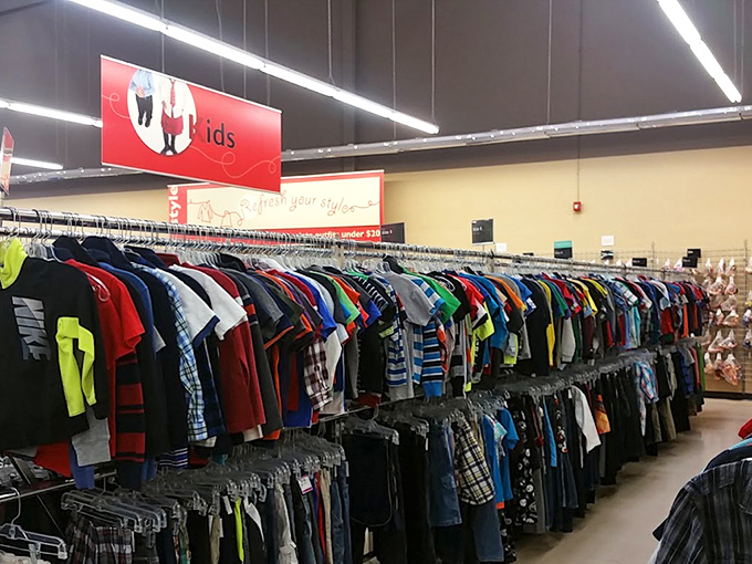 The kids' clothing section explodes with color and possibility – where growing children can find their next favorite outfit without growing the family debt.