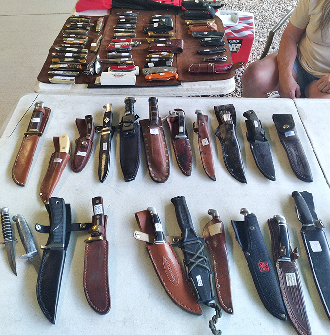 Knife collections that would make any chef or camper swoon. That bone-handled beauty has definitely seen some adventures.