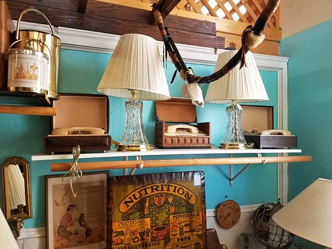 Crystal lamps and vintage telephones share shelf space in a delightful mishmash of items that once illuminated and connected our lives.