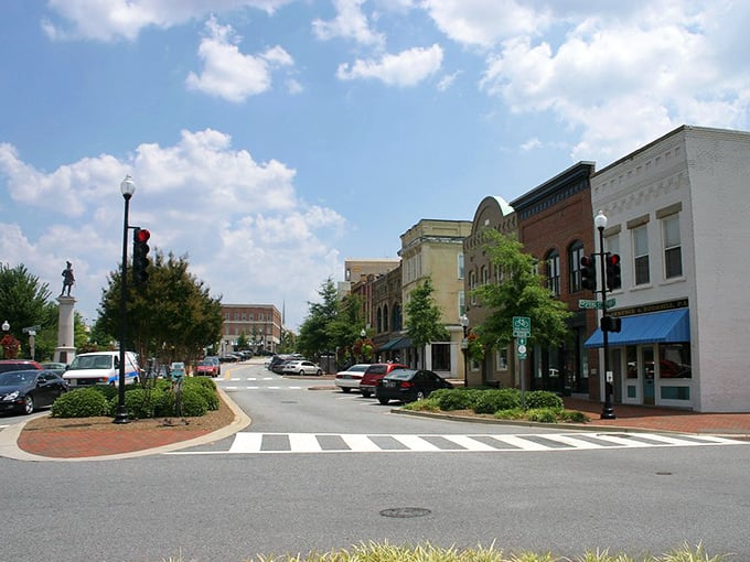 Main Street's gentle curve reveals a downtown that feels designed for humans rather than cars—a novel concept in America.