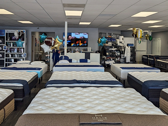 Mattress showrooms: The only place where it's acceptable to lie down in public after exhausting yourself shopping. Sweet dreams of savings.