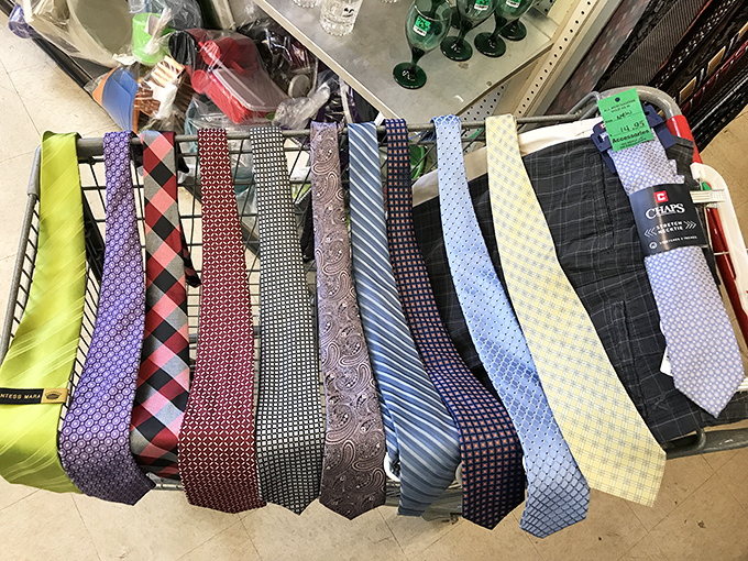 Neckties galore! These silk strips tell tales of corporate meetings, wedding toasts, and the occasional unfortunate Christmas party choice.