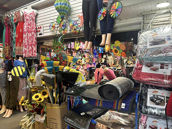 Garden decor and outdoor accessories stacked high, turning practical shopping into a carnival of color and whimsy.