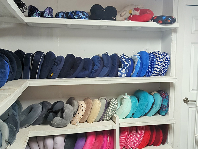 A color-coded collection of neck pillows that promises comfortable naps on your next flight. Travel accessories with previous passport stamps.