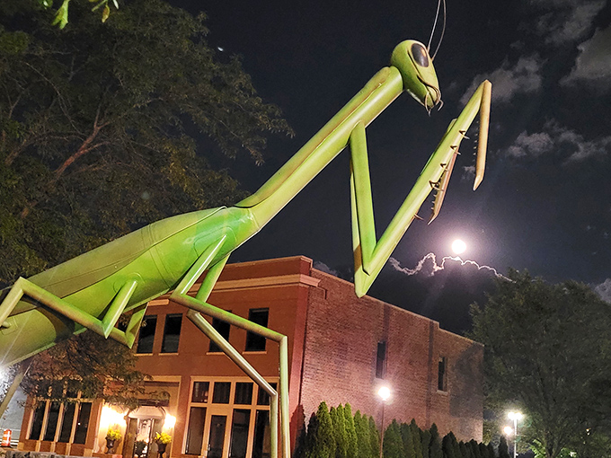 After dark, KokoMantis transforms from quirky roadside attraction to majestic silhouette against the stormy night sky.