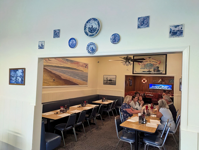 Blue and white plates adorn walls where generations have gathered to debate important questions like "One more piece or two?"