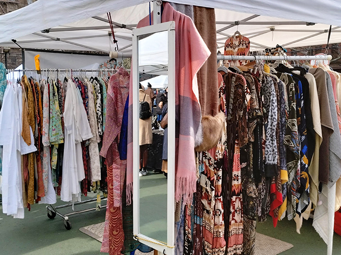 Clothing racks bursting with potential style transformations. Each hanger a portal to becoming someone slightly more interesting at your next social gathering.