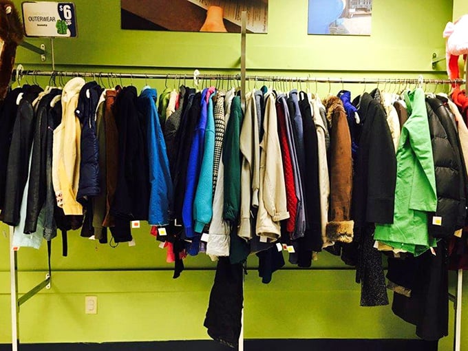 The outerwear section: a technicolor timeline of outdoor fashion where yesterday's ski trip splurges become today's affordable adventures.