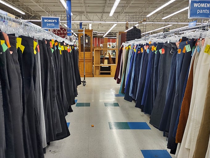 Pants for every occasion line these racks like fabric soldiers ready to march into your closet. 