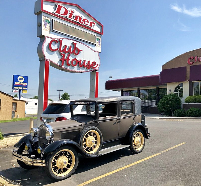 Even classic cars feel at home at Club House Diner, where the iconic sign has likely witnessed decades of Pennsylvania's automotive evolution.