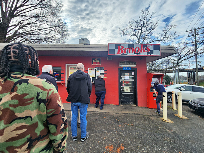 The line forms to the right! These patient pilgrims know that Brooks' burgers are worth every minute of the wait.