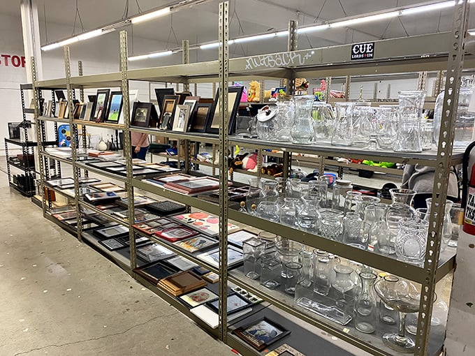 Picture frames and glassware galore! Someone's wedding crystal becomes another's perfect cocktail set for entertaining the neighbors.