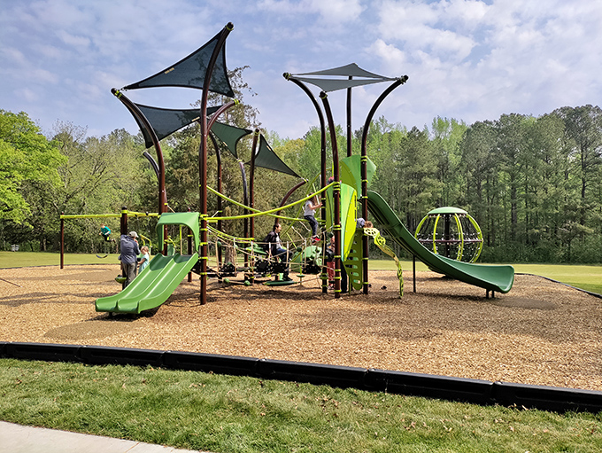 Modern playground equipment designed to look like natural elements&mdash;because nothing says "irony" like carefully engineered structures mimicking the wild forest surrounding them.