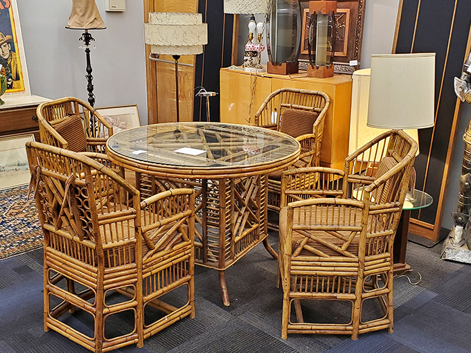This rattan dining set screams "1970s Florida sunroom" in the best possible way. Just add piña coladas and Barry Manilow on vinyl.