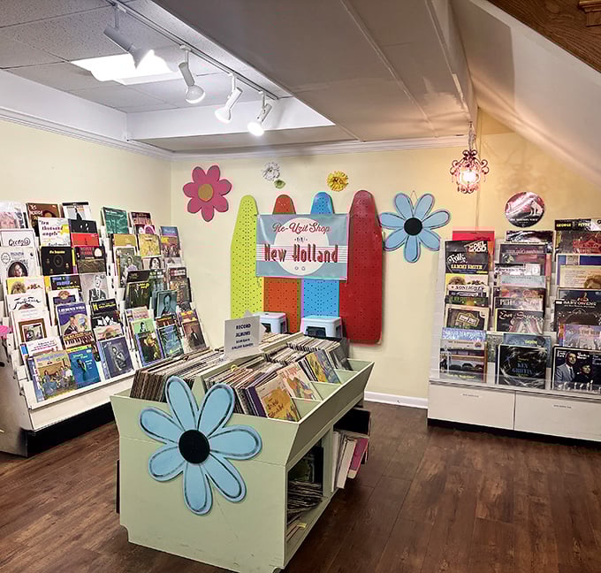 The vinyl revival lives on in this colorful corner where album art pops against flower-power displays. Music lovers, prepare to dig for gold.