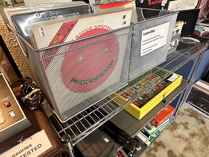 Vinyl records in metal bins&mdash;each sleeve a portal to someone else's soundtrack, waiting for your turntable to bring it back to life.