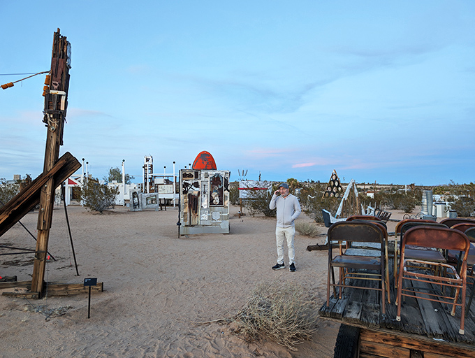 Twilight transforms the desert gallery into a magical playground where shadows become additional sculptures, free of charge.