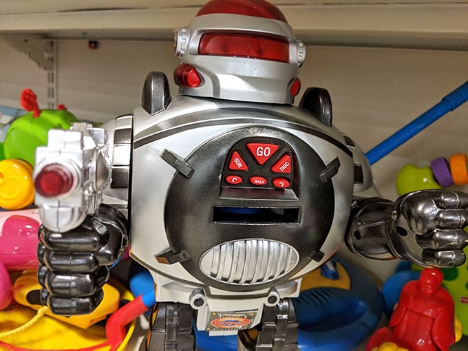 "Danger, Will Robinson!" This retro robot toy stands ready for action, waiting for a child's imagination or a nostalgic collector's shelf.