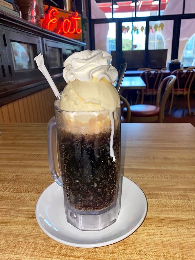 Root beer float architecture at its finest&mdash;vanilla ice cream floating like a delicious iceberg in fizzy sweetness.