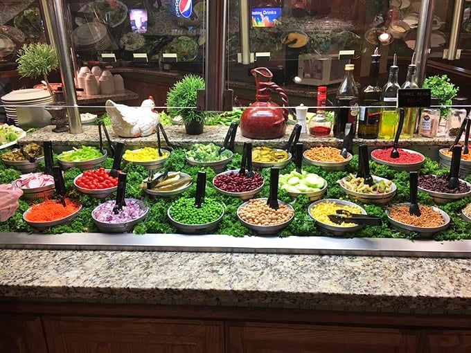 A rainbow of fresh salad fixings that proves buffets aren't just about indulgence&mdash;though those bacon bits are calling your name.