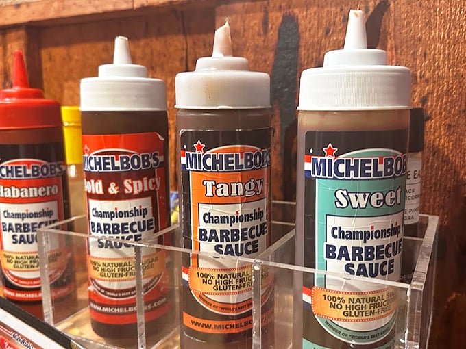 The sauce lineup at Michelbob's is like a flavor spectrum&mdash;from sweet to tangy to "mild & spicy" to habanero heat. Choose your adventure, but choose wisely.