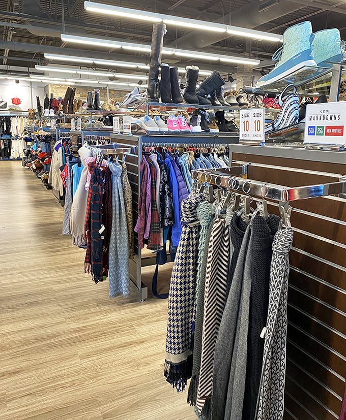 Accessories, scarves, and footwear oh my! This carefully organized display makes hunting for the perfect finishing touch feel like a delightful scavenger hunt.