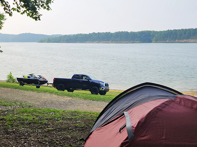 Truck, boat, tent &ndash; the Kentucky trifecta. When your campsite comes with its own boat launch, you're doing outdoor life correctly.