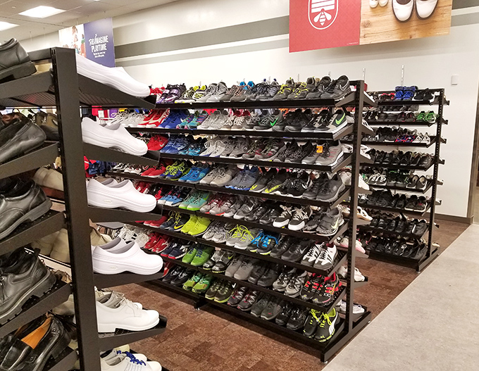 Sneaker seekers, rejoice! Row upon row of gently-used footwear promises that perfect pair—somewhere—among this shoe smorgasbord.