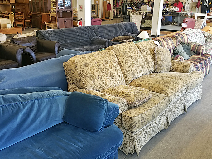 The couch lineup looks like a furniture family reunion. That floral pattern sofa has definitely seen some stories unfold.