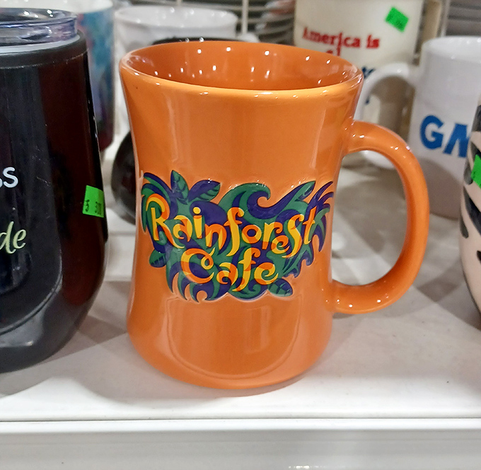 This vibrant Rainforest Cafe mug might have traveled thousands of miles before landing here, ready to become someone's favorite morning coffee companion.