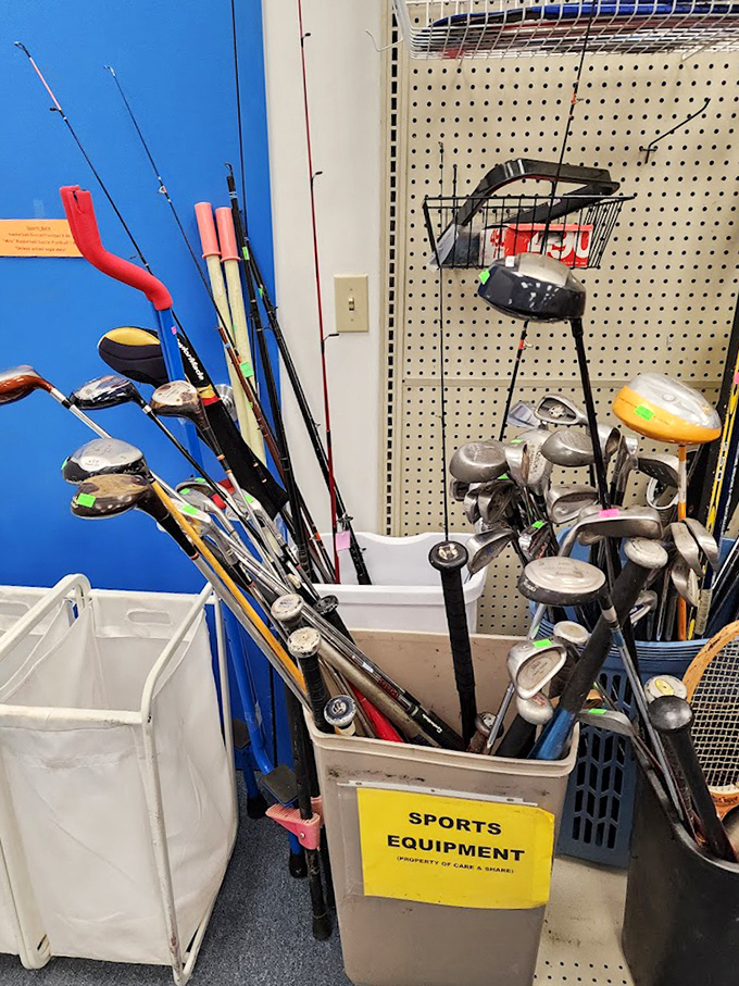 Golf clubs and fishing rods await their next adventure, like retired athletes hoping for one more season. That tennis racket has ace potential.