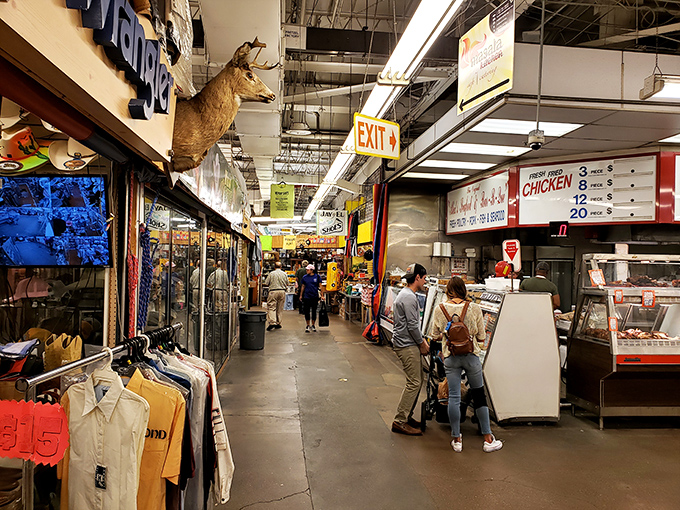 The indoor corridor: part shopping experience, part anthropological study of American consumer culture. Note the taxidermy keeping watch.
