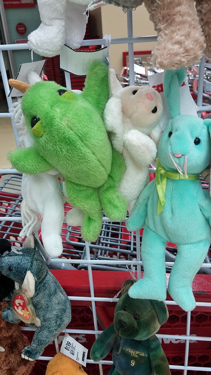 Stuffed animals hanging around like colorful party guests, waiting for someone to take them home and introduce them to the other toys.