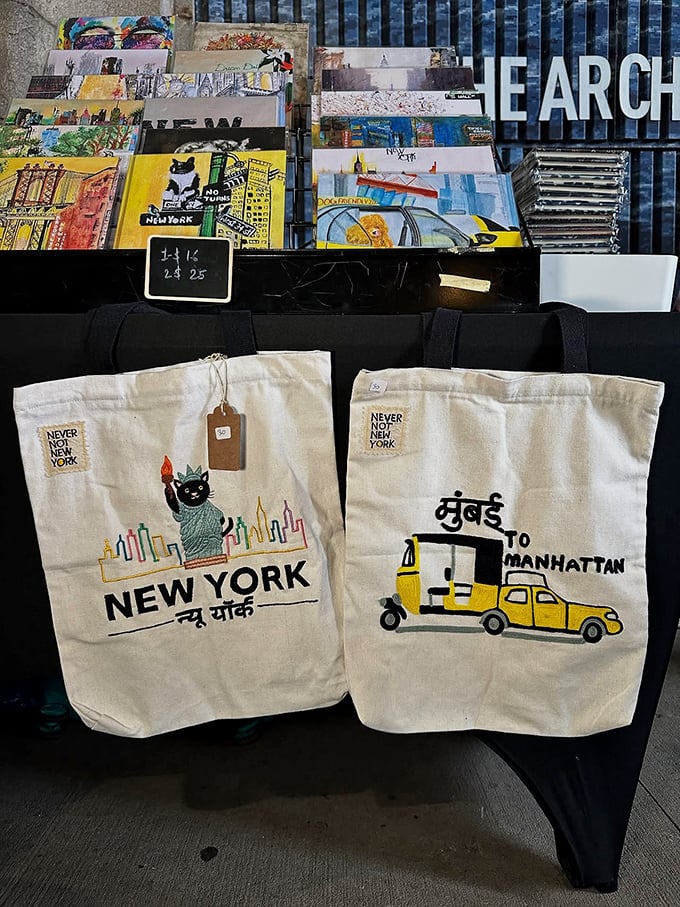New York pride in tote form. Because nothing says "local" like carrying your farmers market haul in a bag featuring the Statue of Liberty as a cat.
