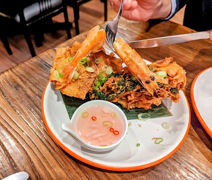 Ukoy brings shrimp and vegetables together in a crispy fritter that makes you wonder why all seafood doesn't dress up this way.