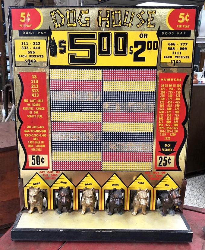 The original lottery system with canine charm! This vintage "Dog House" punchboard reminds us gambling was always more fun with cartoon puppies involved.